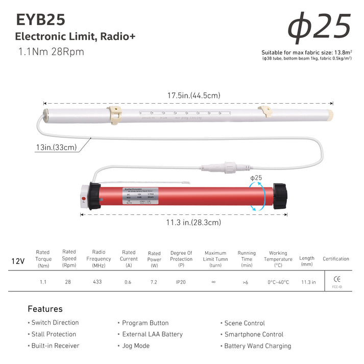 EYB25 12V DC Volt AA Reloadable Tube/Wand Battery Powered Roller Shade ...